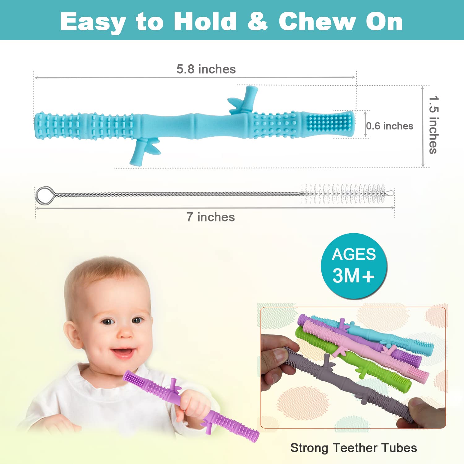 Hollow Teether Tubes for Babies 6-12 Months, 5 Pack Silicone Chew Straws Toys for Infant Toddlers, Bamboo Baby Toothbrush Molar Teether Toys with Safety Shield for Nursing Biting Chewing