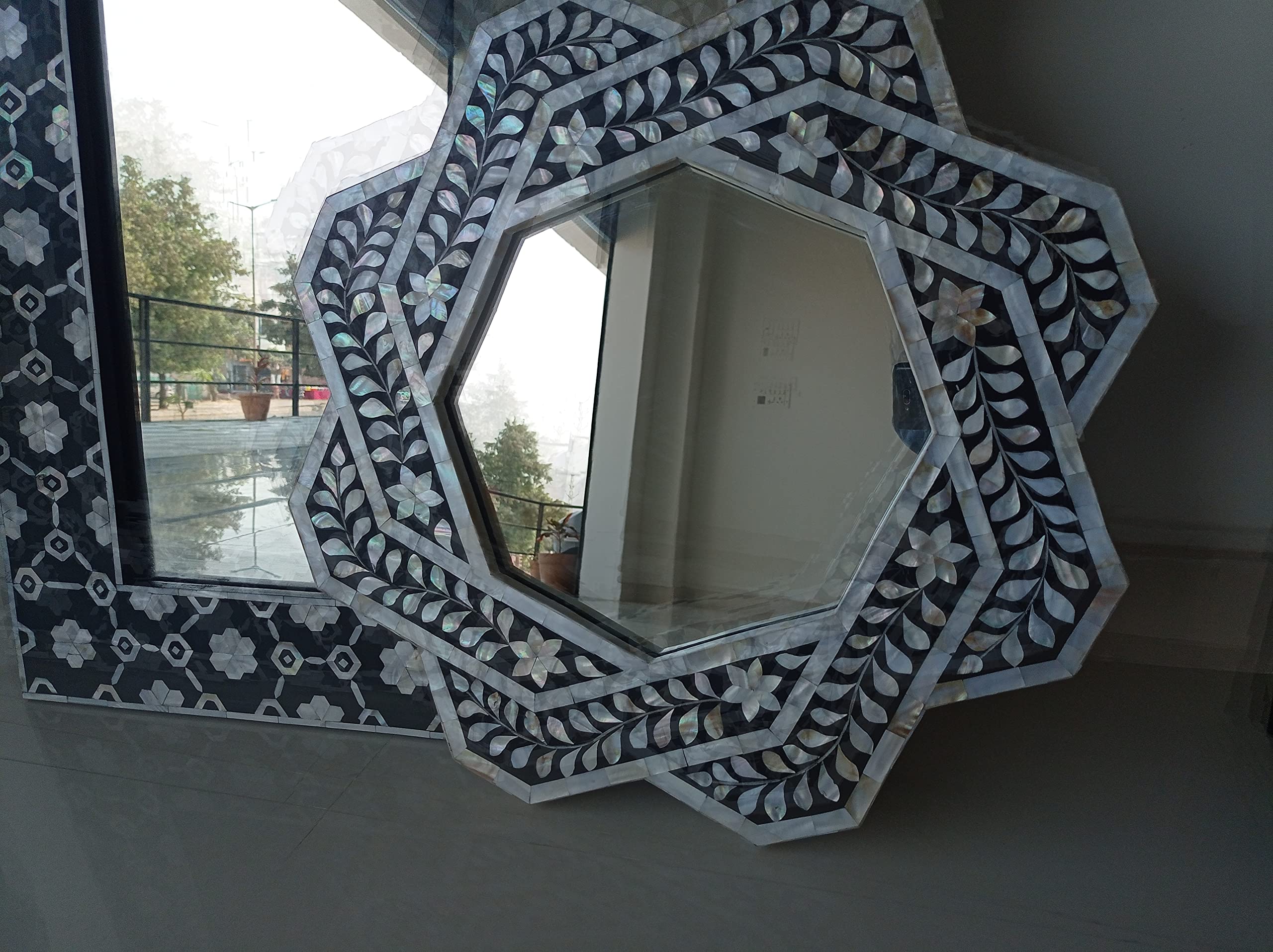 Handmade Mother Of Pearl Inlay Hexagonal Black Floral Pattern Mirror Frame | Handmade MOP Inlay Mirror Frame For Home Decor