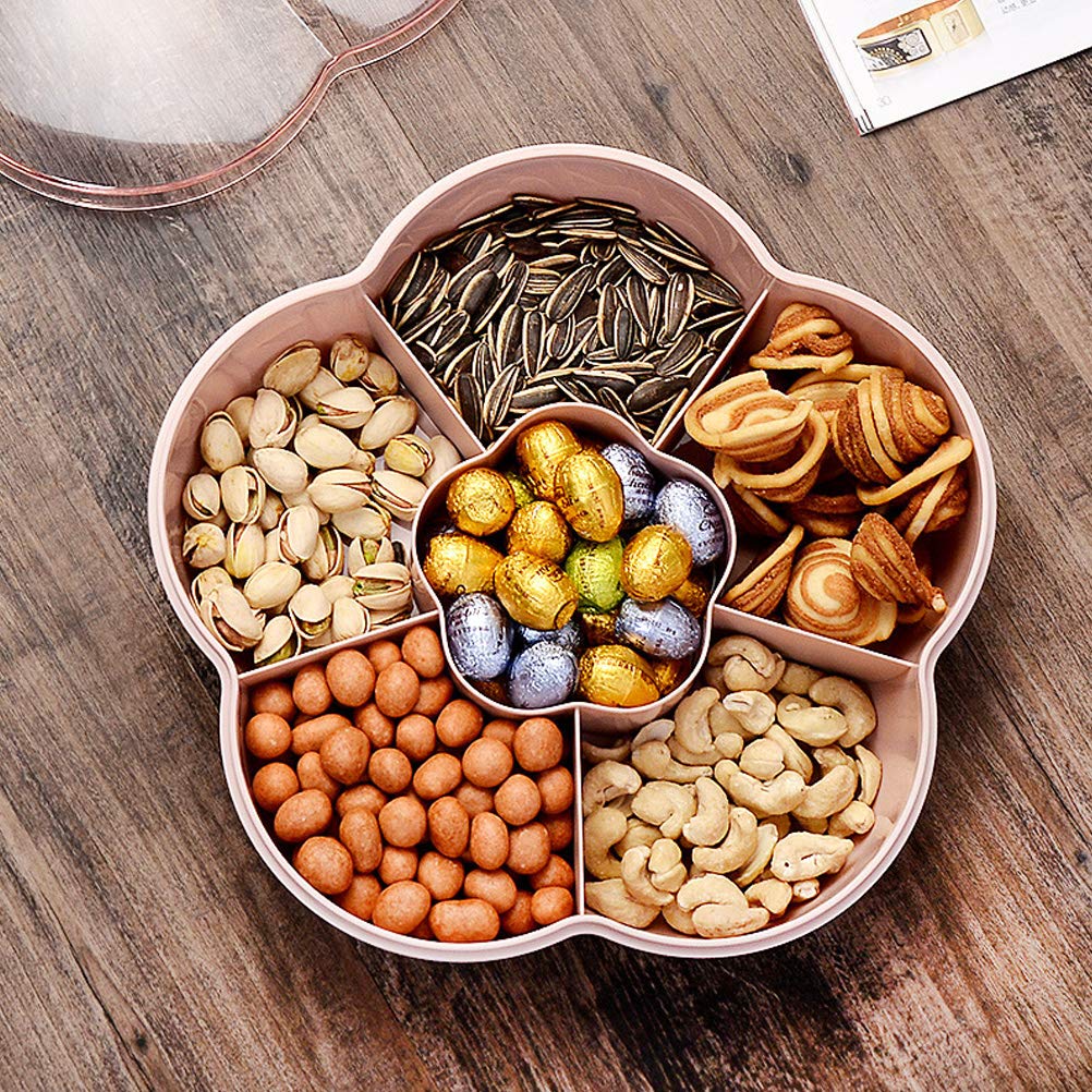 Flower Shaped Snack Serving Tray with Lid, Plastic Divided Serving Container with 6 Compartment, Food Storage Organizer for Candy, Nut, Dried Fruit, Perfect for Parties, Family