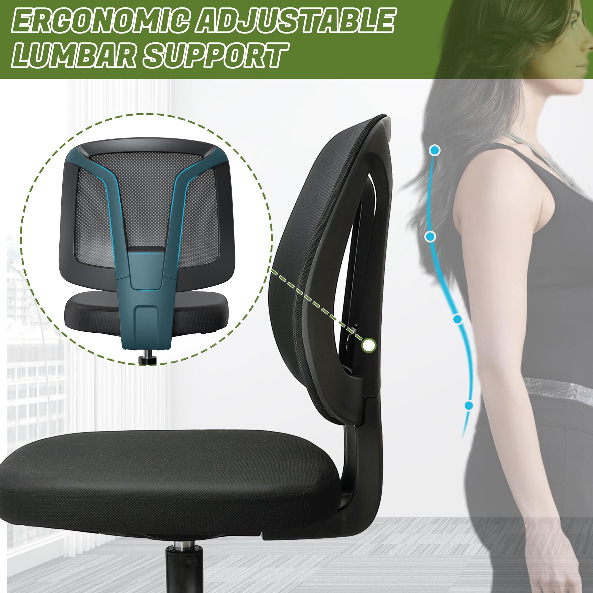 Modern Comfy Ergonomic No Arms Cute Office Swivel Computer Desk Task Chair with Adjustable Height Seat and Lumbar Support for Office Home Work Study