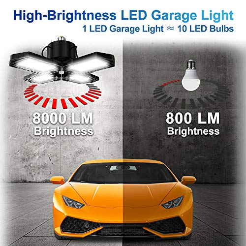 LEDIARY 2 Pack LED Garage Light, 80W Deformable Garage Ceiling Lights with 4 Adjustable Panels, 8000LM Screw in LED Tri Light for Attic, Basement - E26/E27 Base