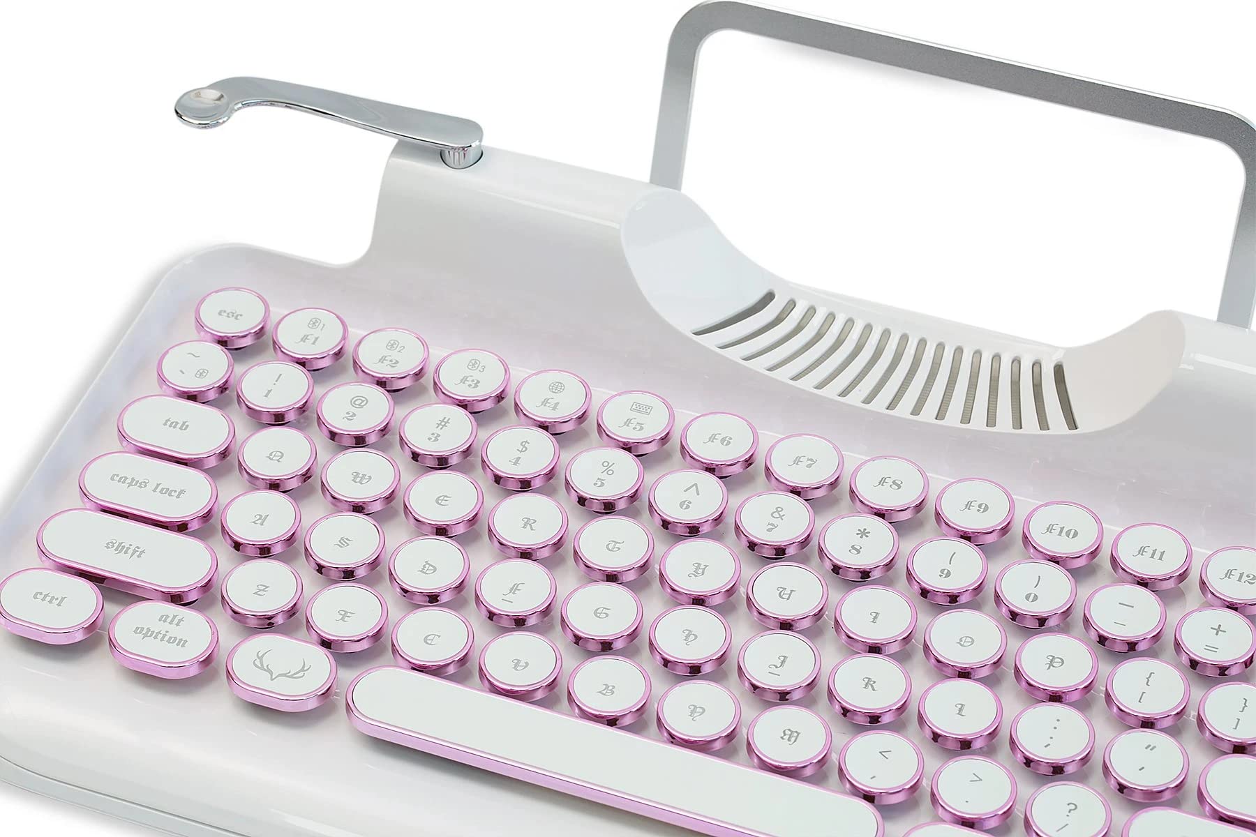 RYMEK Typewriter Style Mechanical Wired & Wireless Keyboard with Tablet Stand, Bluetooth Connection (White)