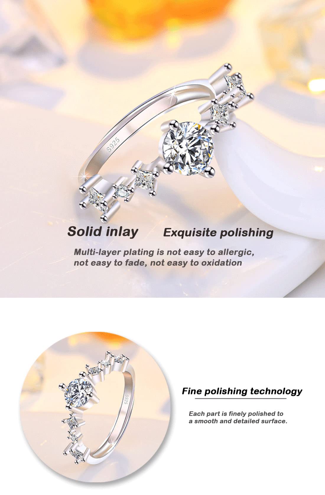 HONYAT Simulation Diamond Ring Wedding or Engagement Opening Copper Silver Plated Adjustable Ring Fashion S925 Sterling Silver Zircon Single Diamond Live Mouth Ring