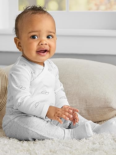 Simple Joys by Carter's Unisex Babies' Textured Bodysuits, Pack of 4, Jade Green Stripe/Light Grey/Olive/White Clouds, 12 Months