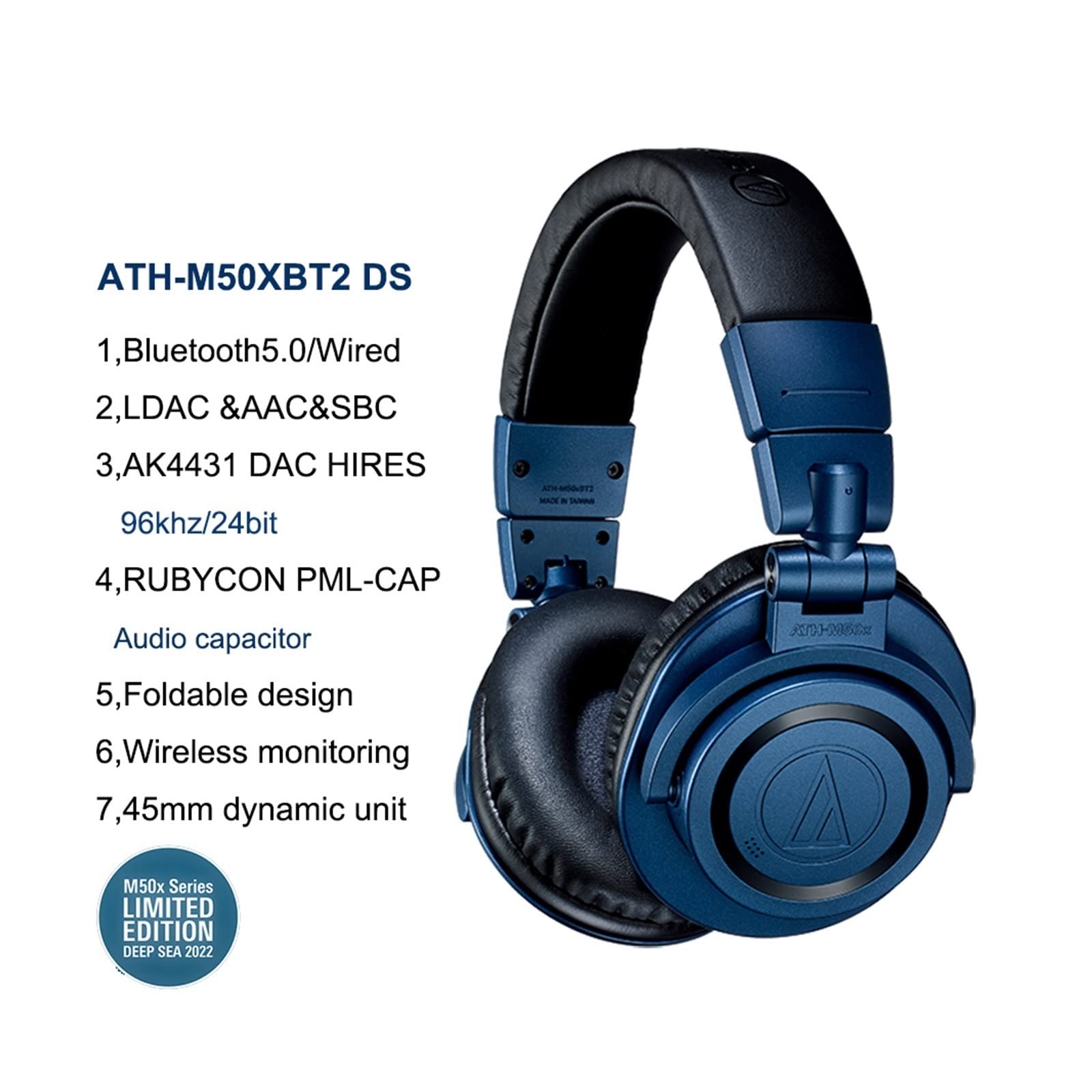 HXNINE Original ATH-M50xBT2 DS Bluetooth Headphones Limited Edition Professional Monitor Headset,Over-Ear Closed-Back Dynamic Earphones
