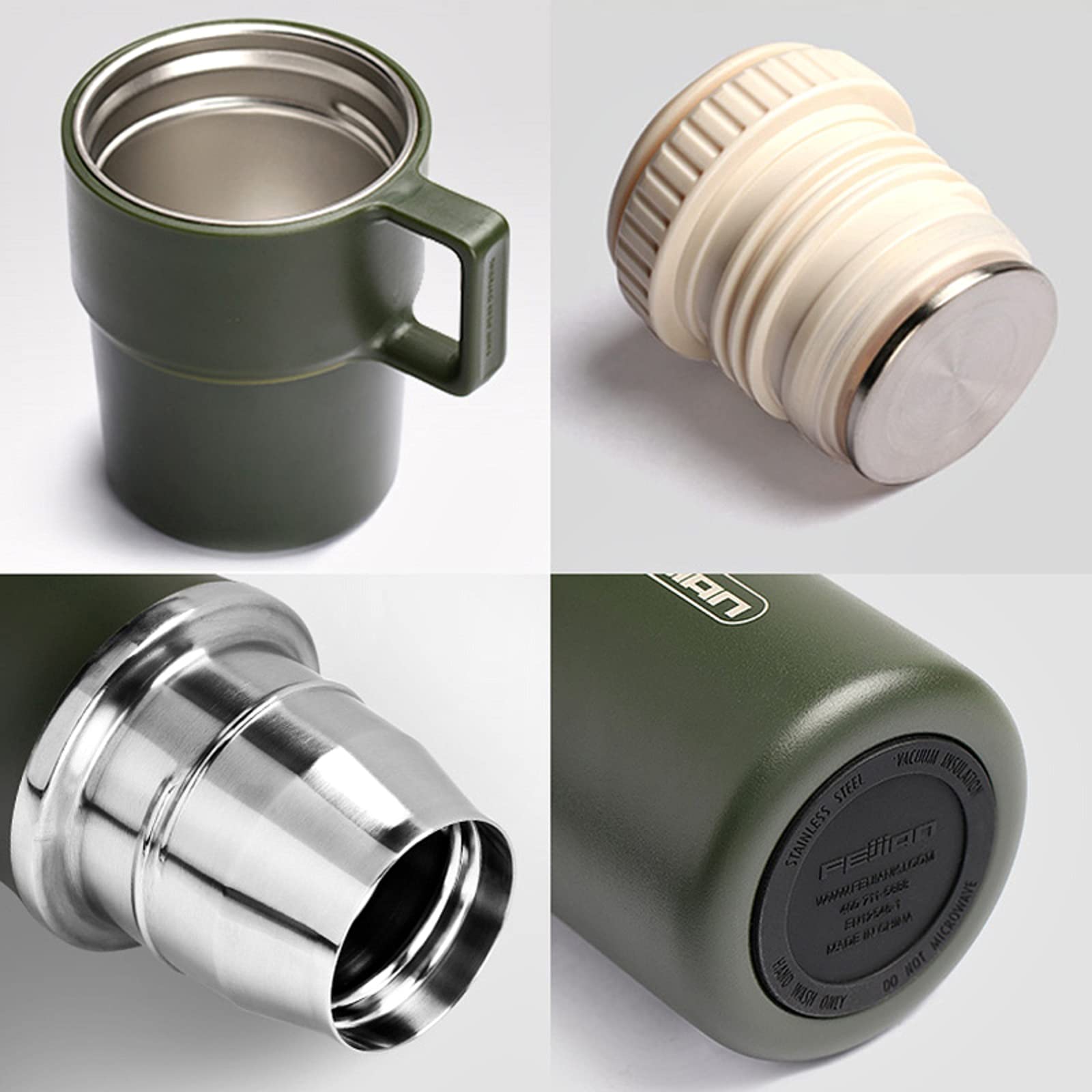 FEIJIAN Coffee Thermos with Cup,21 OZ Stainless Steel Water Bottle, Vacuum Insulated Water Bottle, Thermos for Hot Drinks/Cold Drinks, Leakproof Build-in Lid Cup Integrated Handle, Army Green