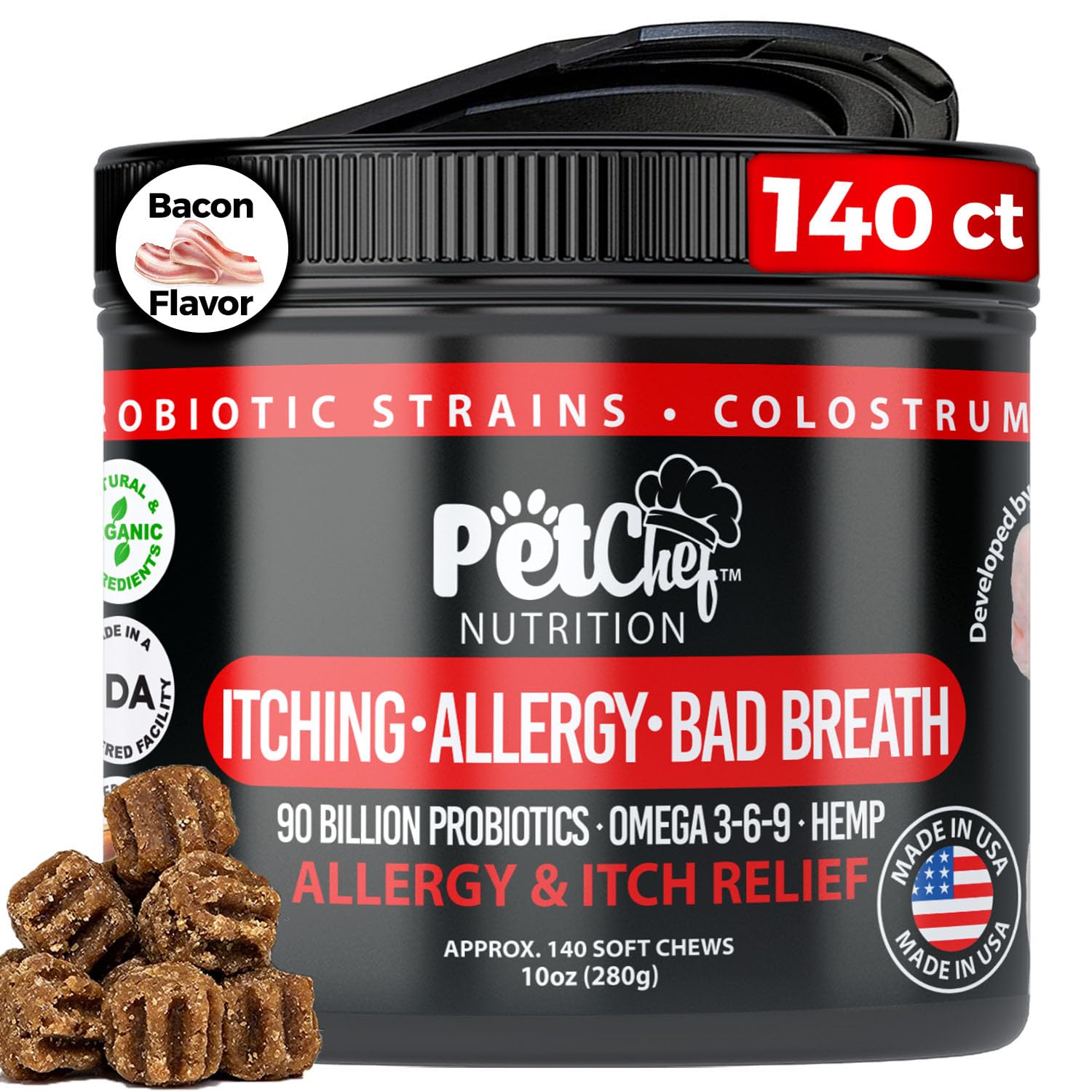 Pet Chef Allergy Defender - Natural Dog Allergy Relief Chews - Effective Medicine for All Dog Allergies, Environment & Household Irritant Prevention - Safe & Strong Dog Allergy Supplements for Dogs