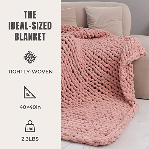 QQP Chunky Knit Throw Blanket,Hand Made with Jumbo Chenille Yarn Crochet Blanket,Super Cozy and Soft Chunky Knitted Throw Blanket for Sleep&Home Decor.(40x40In Dusty Pink)