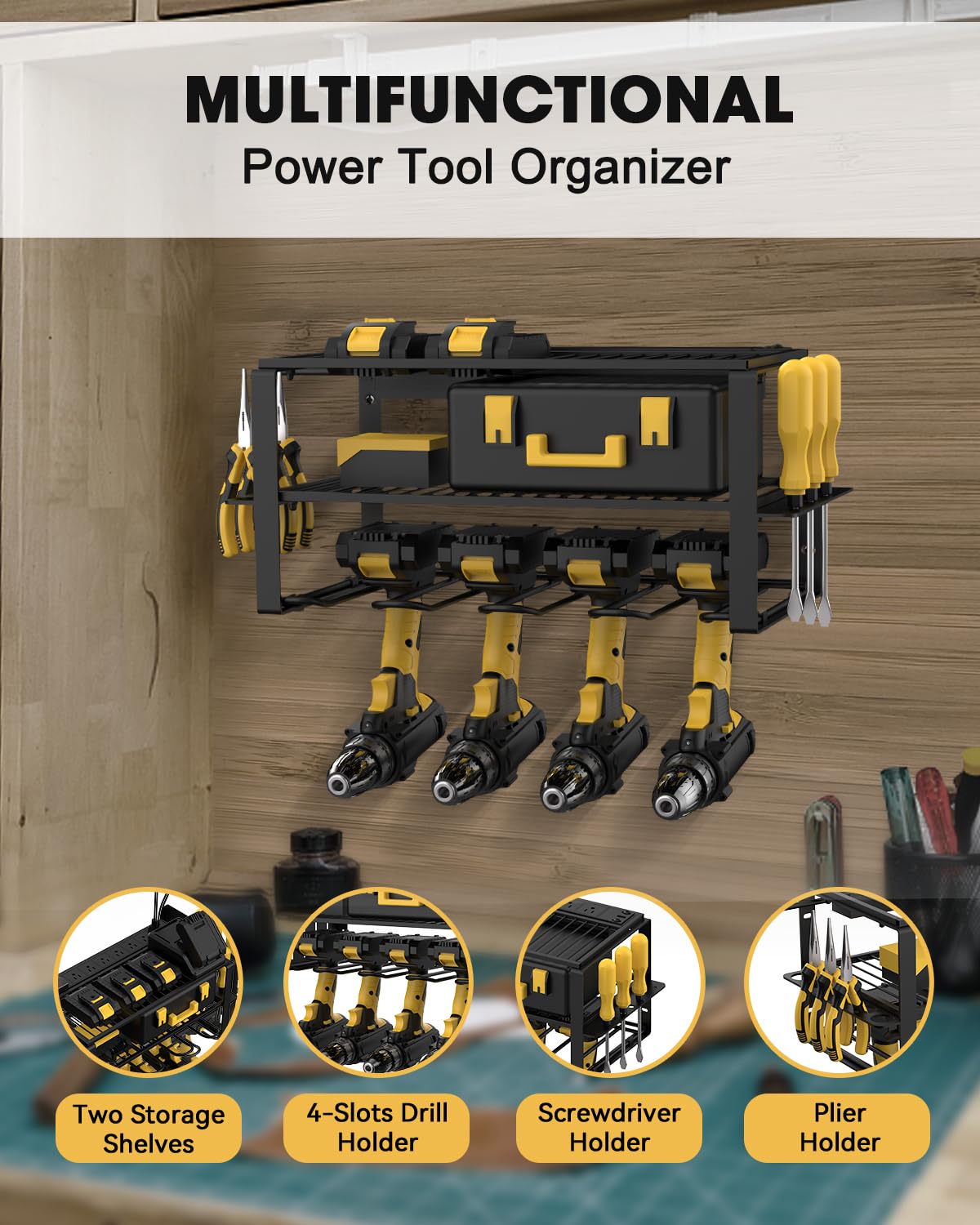 Wall Mount Power Tool Organizer and Charging Station - 6 AC Outlets, 3 Layers for Drills, Great as Heavy Duty Garage Tool Rack