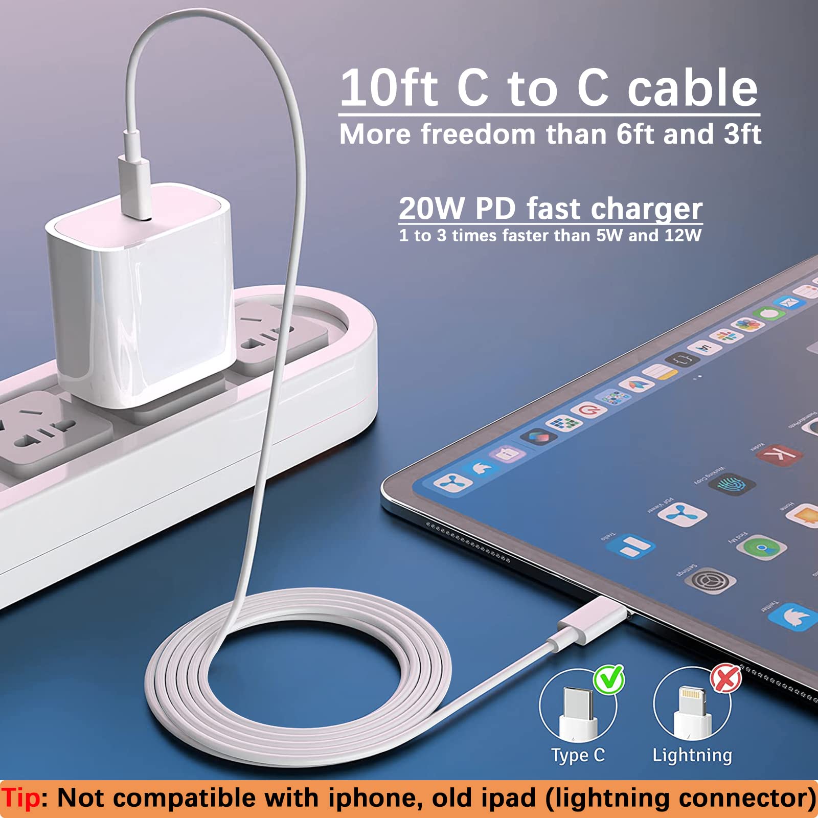 GKW i Pad Charger Fast Charging Long Cord for iPad Pro 13/12.9/11 inch M4,for iPad Air 6th M2/5th/4th,for iPad 10th Generation,for iPad Mini 6, 10ft USB C to C Cable and USBC Block 20W, 3Pack White