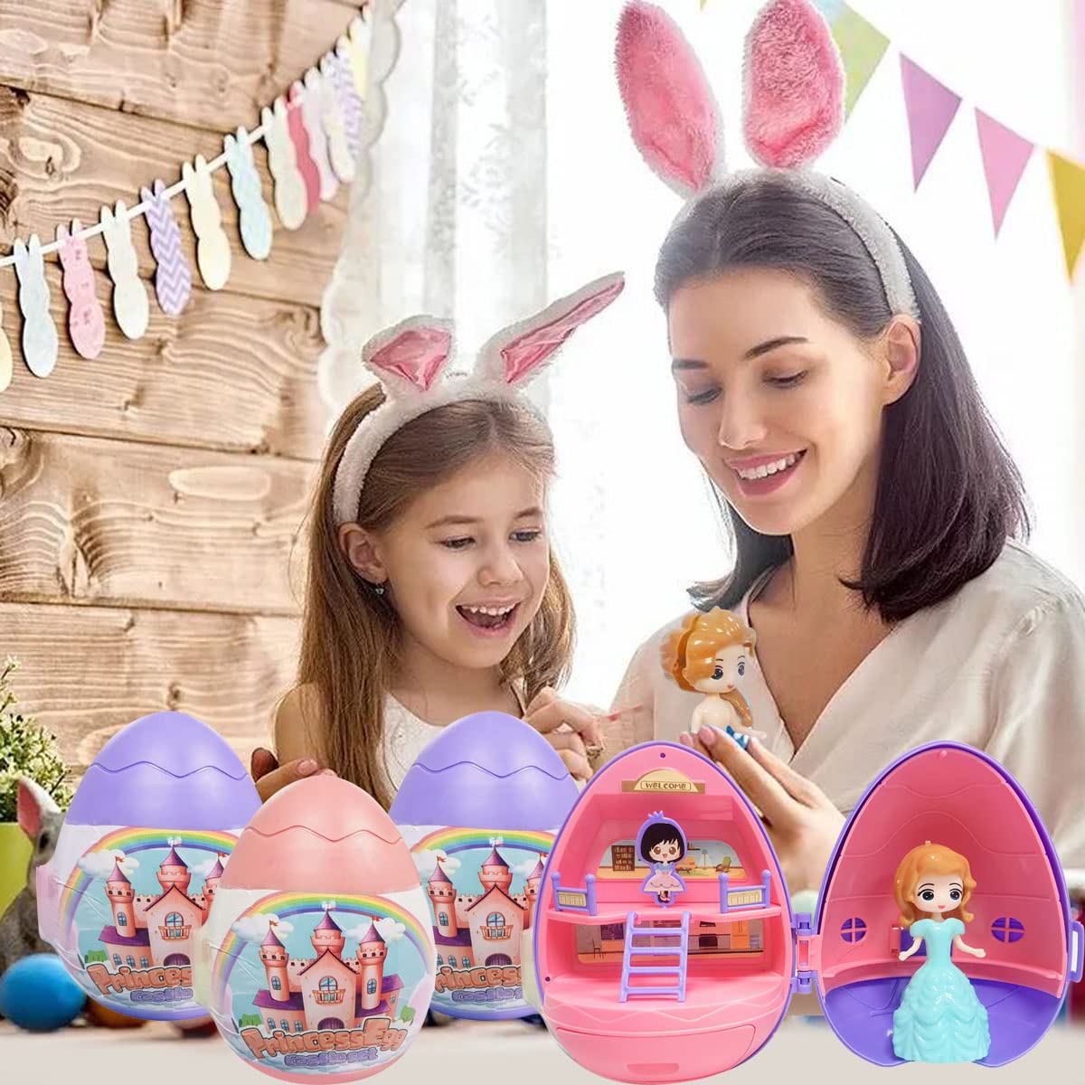 Holydeck 4 Pack Jumbo Princess Prefilled Eggs with Educational Toys Inside for Kids Girls Party Favors Easter Basket Fillers