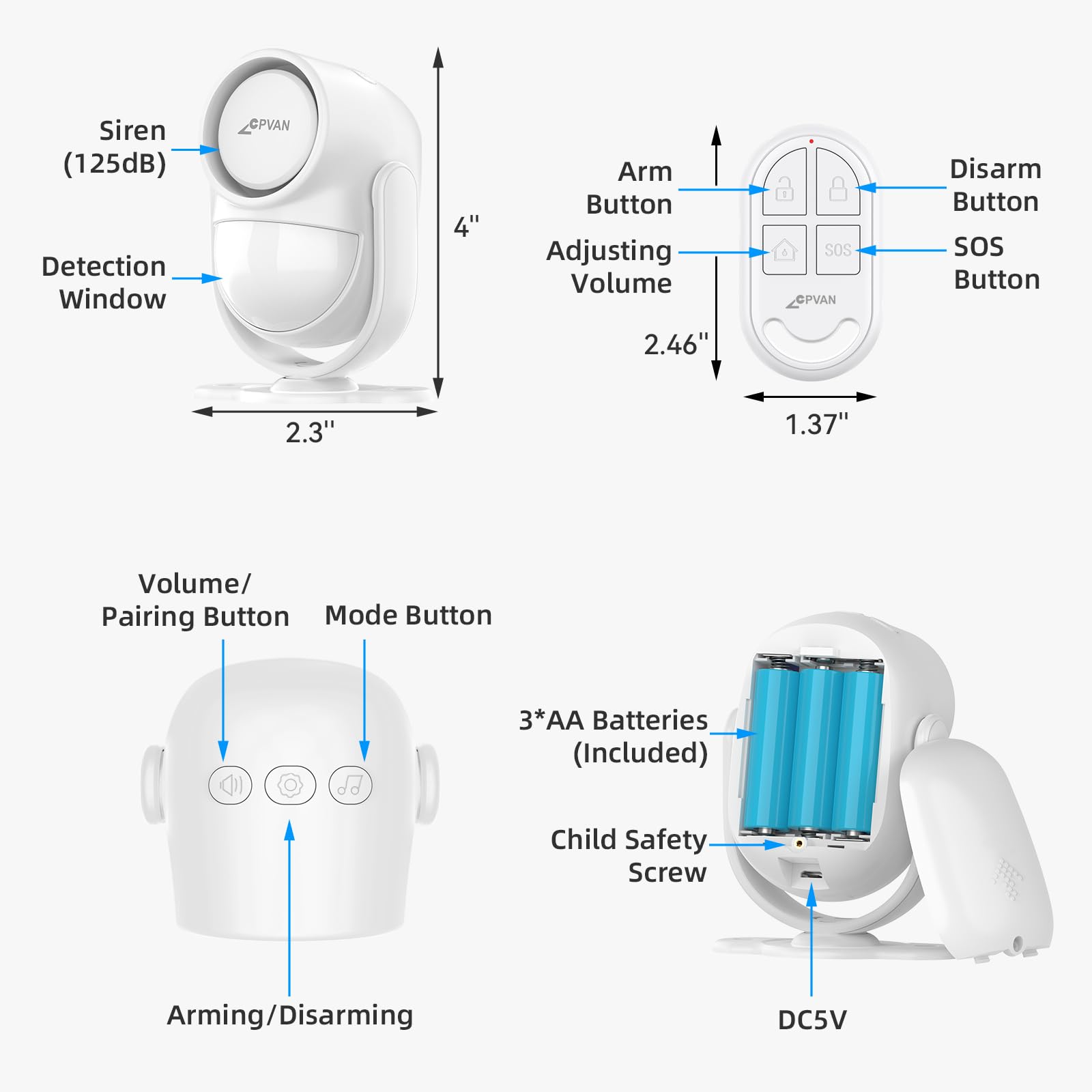 CPVAN 125dB Loud Motion Sensor Alarm with 328ft Remote Control (40ft PIR Detector, Batteries), Indoor Wireless Infrared Security Motion Detector with Siren for Home Garage Van (CP2 Pro, Whtie)