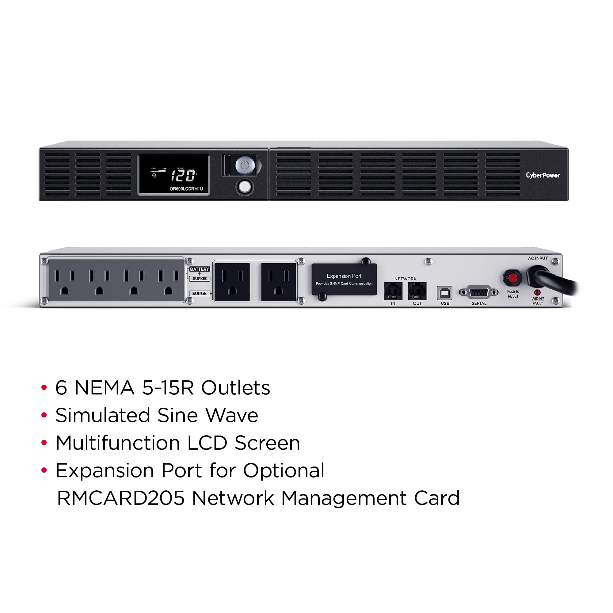 CyberPower OR500LCDRM1U Smart App LCD UPS, 500VA/300W, 6 Outlets, AVR, 1U Rackmount