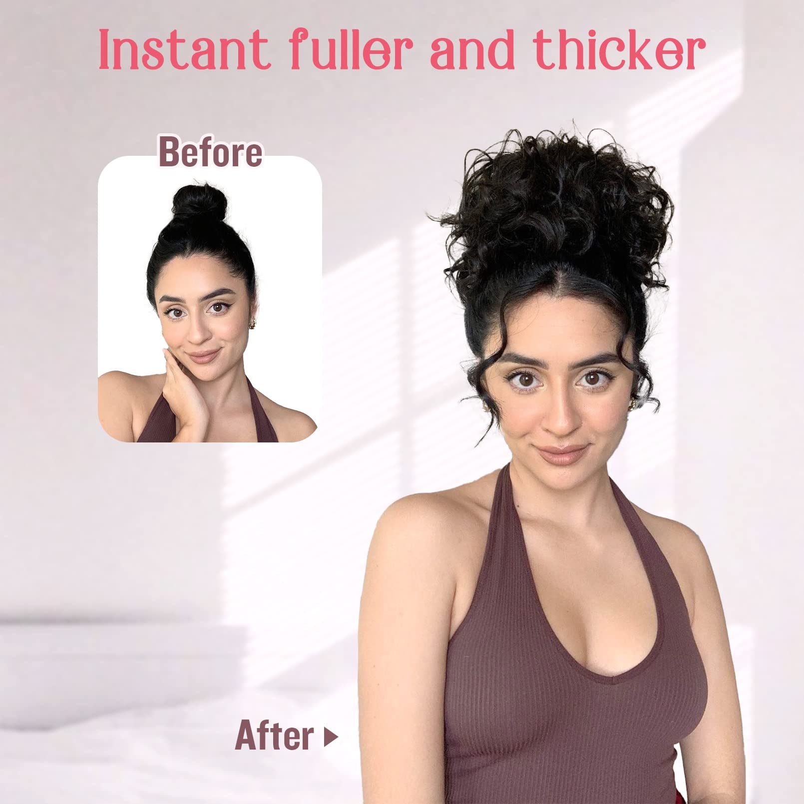 HOOJIH 1PCS Messy Hair Bun Piece Elastic Drawstring Loose Wave Large Curly Bun 60 Gram Short Synthetic Ponytail Hair Bun Extension for Women Daily Use - Silver Gray With Brown mixed