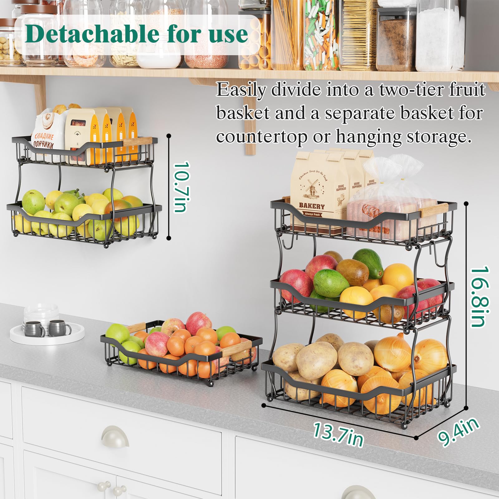 Giwil 3 Tier Countertop Fruit Basket for Kitchen, Vegetable Storage Basket Bread Fruit Bowl Stand with 2 Banana Hooks, Wall Mounted Metal Wire Basket Organizer for Potato Onion, Black