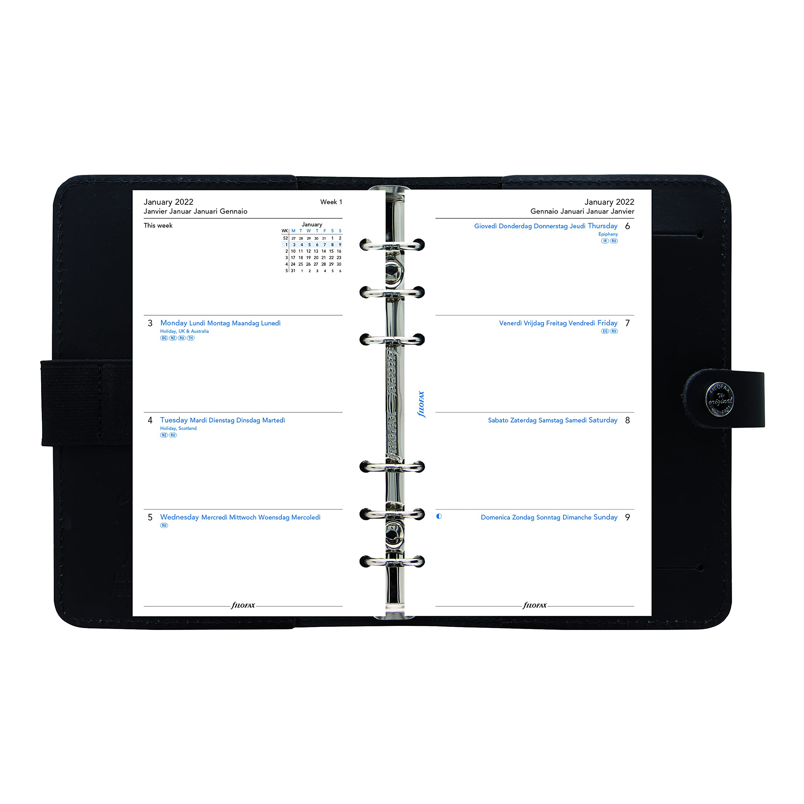 Filofax The Original Organizer, Personal Size, Black - Leather, Six Rings, Week-to-View Calendar Diary, Multilingual, 2022 (C022508-22)
