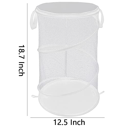 Qtopun Mesh Popup Laundry Hamper With Cover, Foldable Portable Cylindrical Dirty Clothes Basket for Bedroom, Kids Room, College Dormitory and Travel โ White