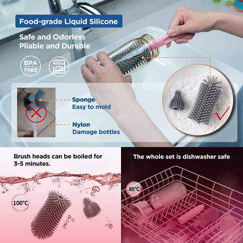 TechoEcho Baby Travel Essential Bottle Cleaner Kit with Silicone Bottle Brush,Built-in Snap-on Drying Rack,Silicone Nipple-Shaped Brush,2 Straw Brushes,Bottle Soap Dispenser,Bottle Warmer Bowl.(Blue)