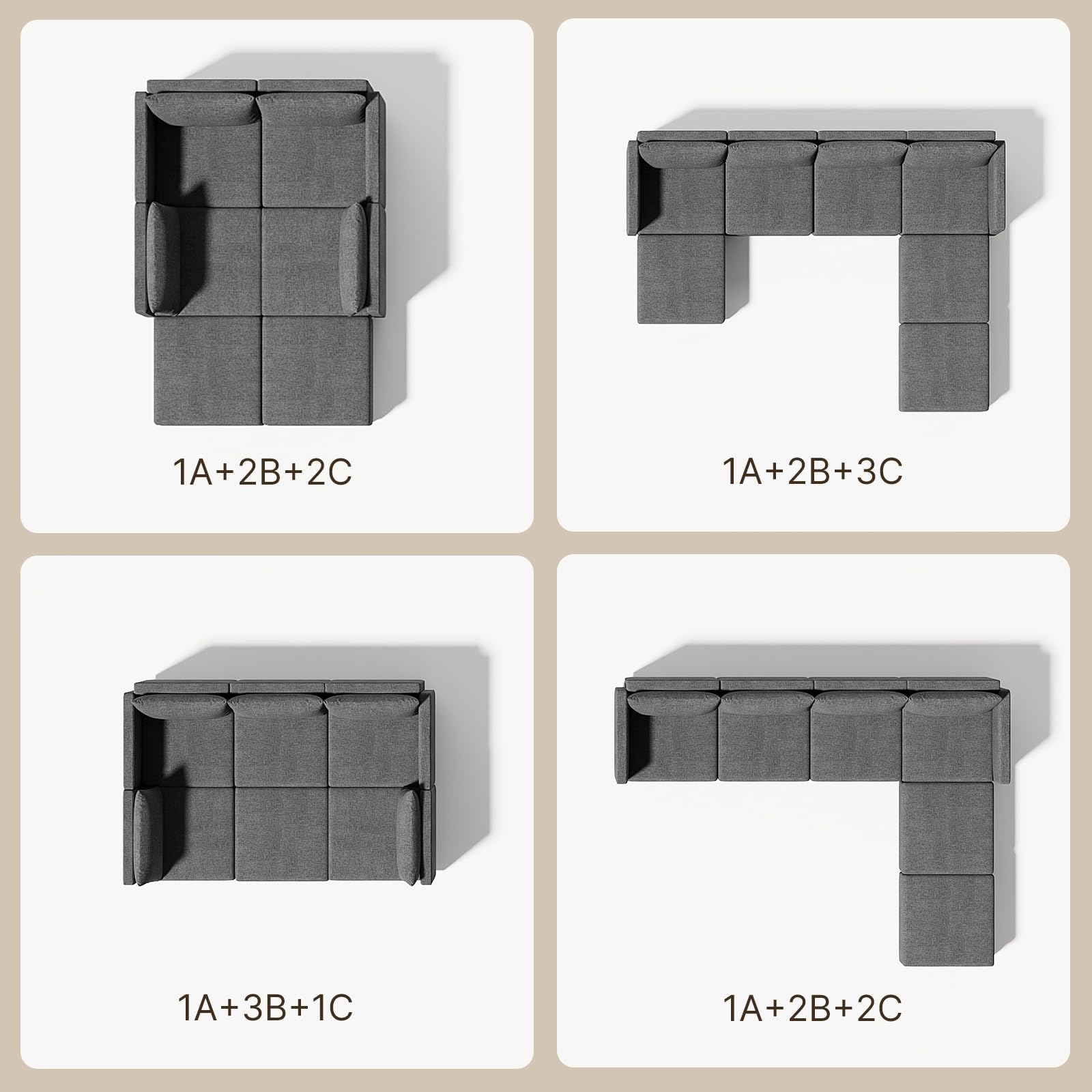 Gizoon Modular Sectional Sofa, Convertible U Shaped Sofa Couch with Ottomans, 6 Seats Sectional Sofa Couch for Living Room, Dark Grey