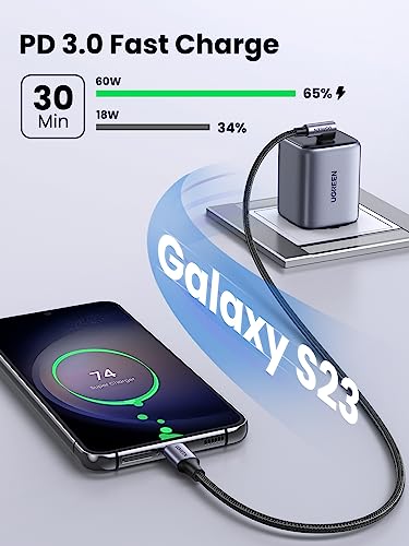 UGREEN 60W USB C to USB C Cable Right Angle USB C Fast Charging Cable Compatible with MacBook Pro/Air, iPad Pro/Mini/Air, Samsung Galaxy S23/S22/Z Fold/Z Flip, Google Pixel, Switch, etc. 3.3FT