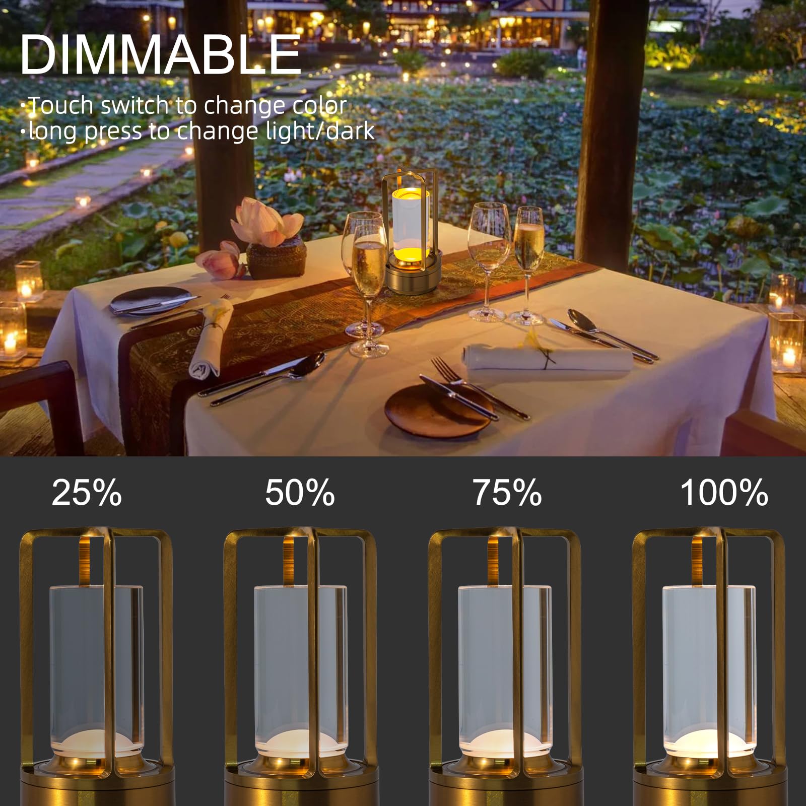 Cordless Portable LED Table Lamp, Rechargeable Battery Operated Desk Lamp with Touch Sensor (2600mAh), Three-Level Dimmable Suitable for Bars/Cafes/Restaurants/Bedrooms/Camping Sites (Gold)