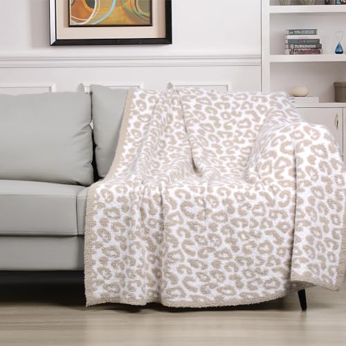 Leopard Knitted Throw Blanket Super Soft Cozy Warm Microfiber Leopard Print Blanket 60"x80"Lightweight Fluffy Reversible Beige Cheetah Print Blanket for Couch Sofa Bed Travel