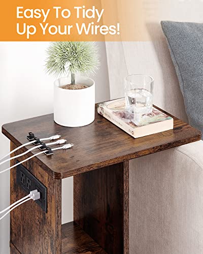HILINSIE C Shaped End Table with Charging Station - Narrow Side Table with USB Ports and Outlets for Small Spaces, 3-Tier Storage Shelves Nightstand, 11.9 x 15.8 x 21.7 Inches, Rustic Brown