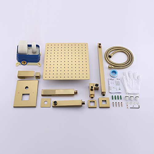 Iriber Champagne Bronze Rain Shower System with Waterfall Tub Spout 3 Function Brush Gold Shower Faucet Set Contain 12 Inch Shower Head and Handheld Brushed Brass Shower Trim Kit (Valve Included)