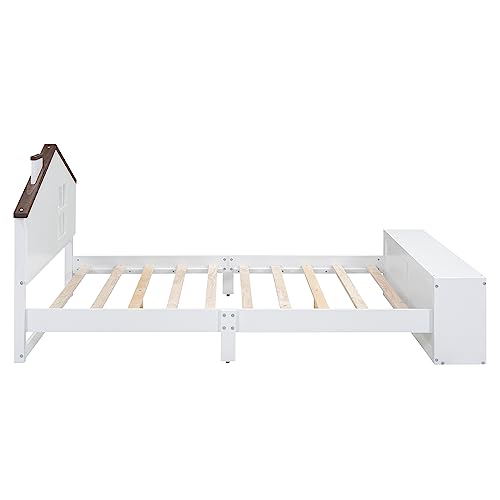 Lepfun Full Size House Platform Bed with LED Lights and Storage, Wood Kids Bed Frame with Headboard and Slats Support, No Box Spring Needed, Suitable for Bedroom and Apartment,White