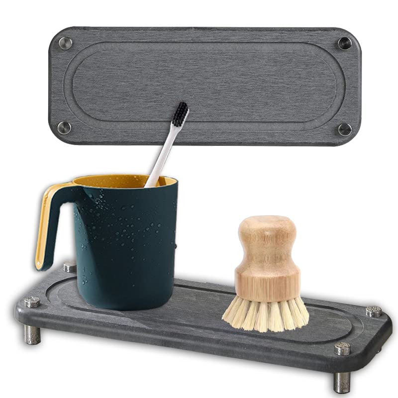 FLYWAKE Instant Dry Sink Organizer, Diatomite Stone Sink Caddy for Kitchen Bathroom Counter Fast Water Absorbing (Grey 2pcs)