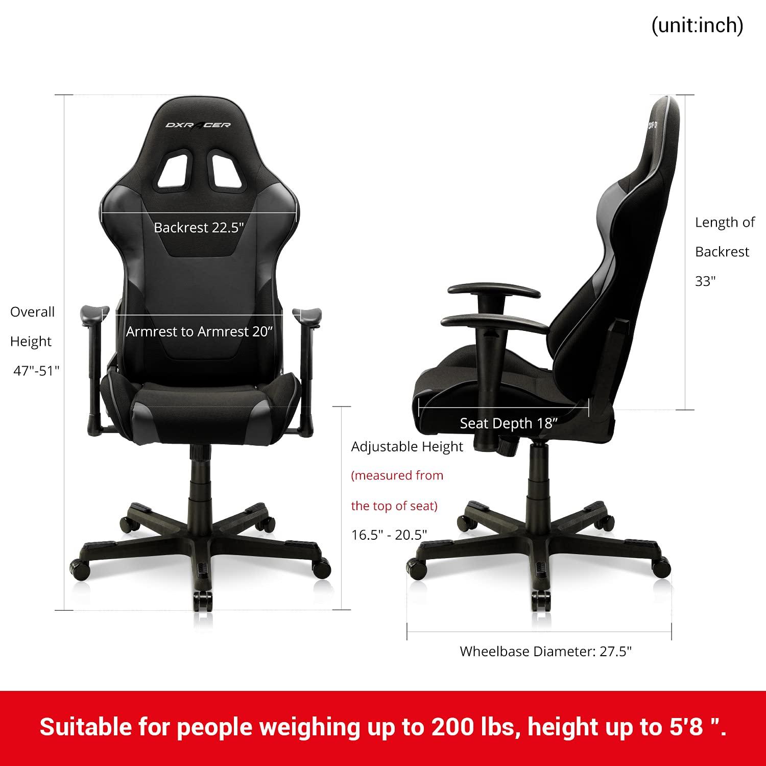 DXRacer Formula Series PC Gaming Chairs Seat Height Adjustable Recliner with Ergonomic Head Pillow and Lumbar Support, Standard, Black