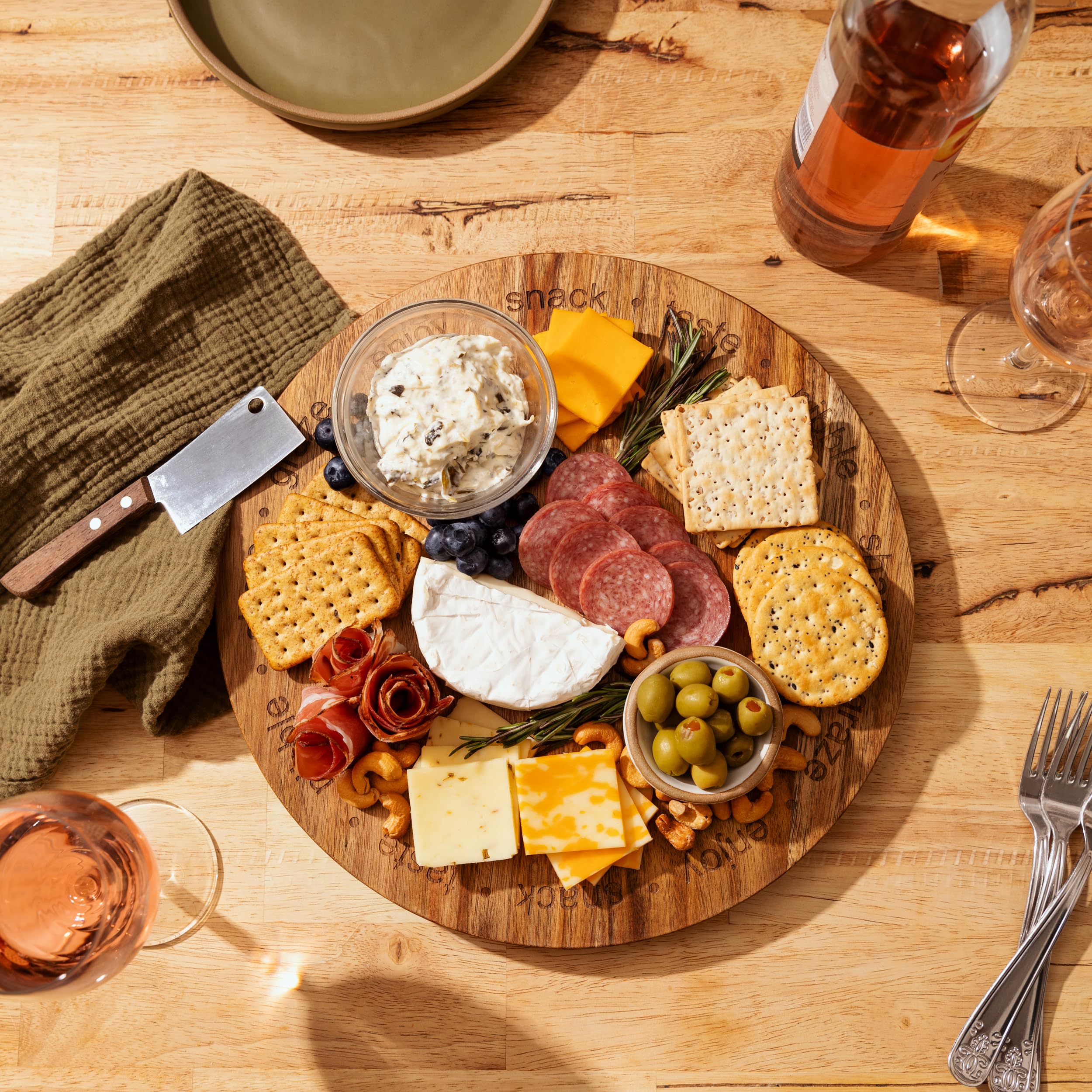 Laser Engraved Acacia Serving Board, 13 Inch Round Charcuterie Platter, Natural Wood Server for Meat, Cheese Board, and Party Appetizers, Grazing Board