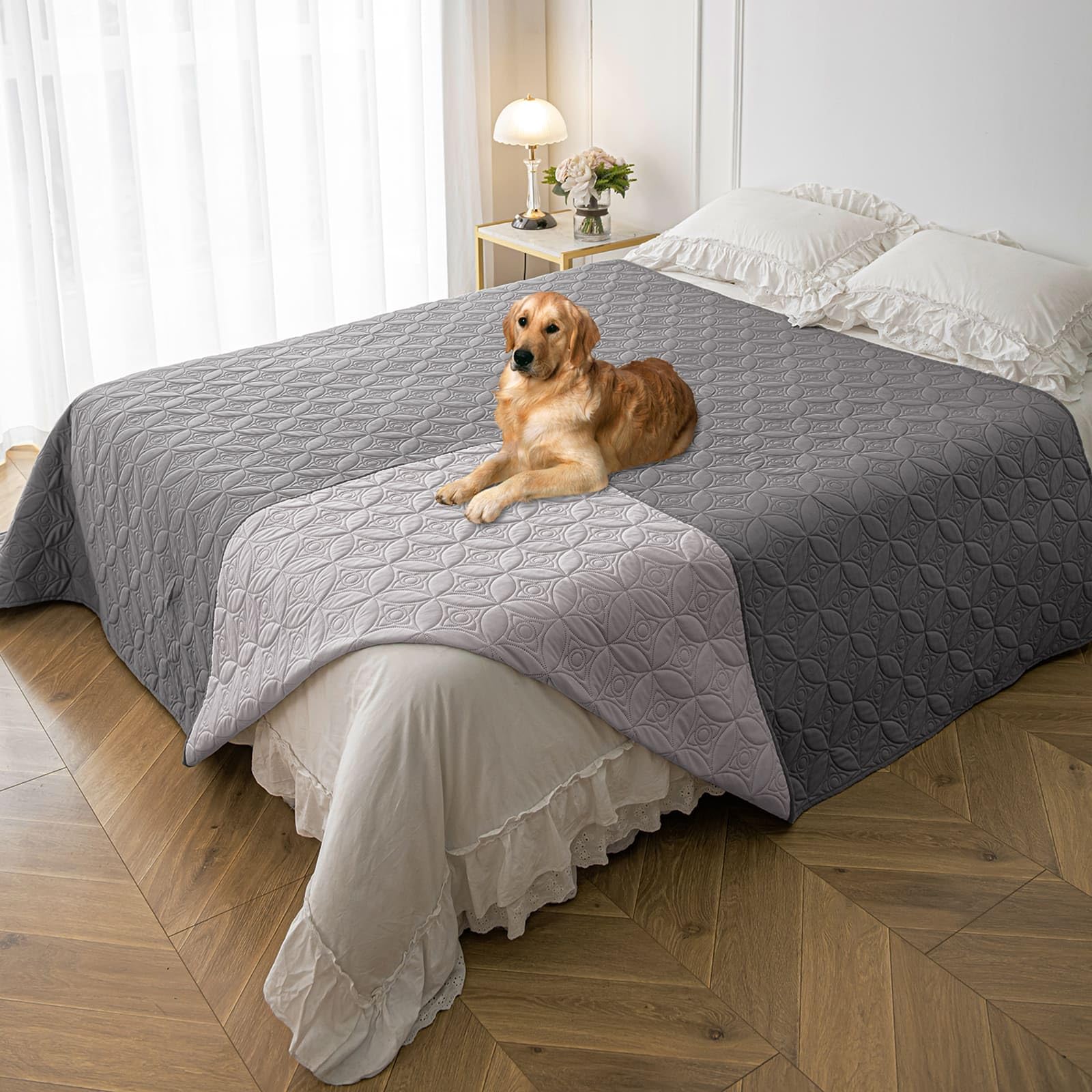 Tuffeel Waterproof Dog Blanket, 82x82 inches Pet Couch Covers for Sofa, Bed Furniture Protector from Dogs Washable and Reversible-Lightgrey+Darkgrey