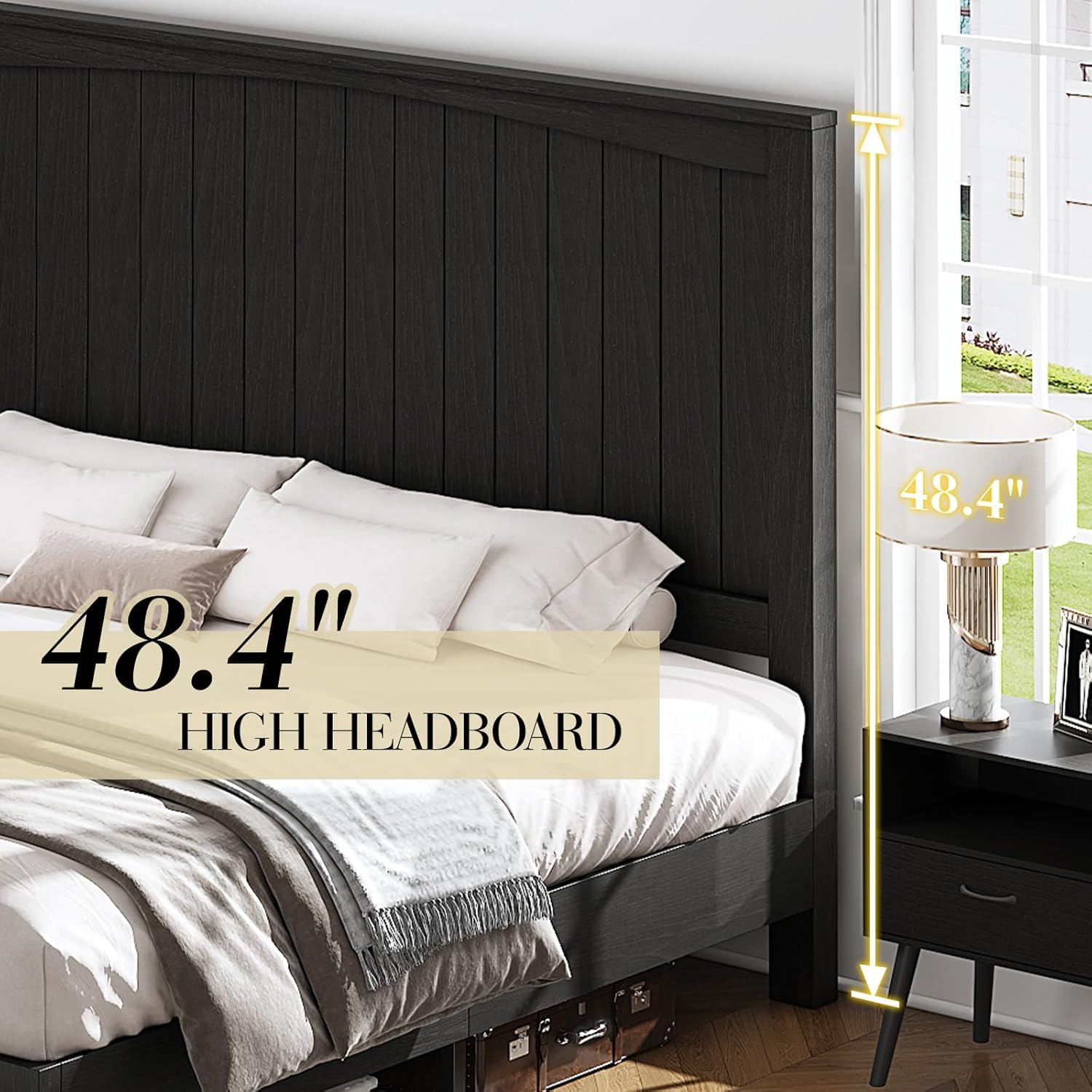 LUXOAK Queen Size Solid Wood Bed Frame with 48.4 inch Tall Headboard, Mid-Century Modern Platform Bed with Wooden Slats and Metal Frame. No Box Spring Needed, Easy Assembly, White