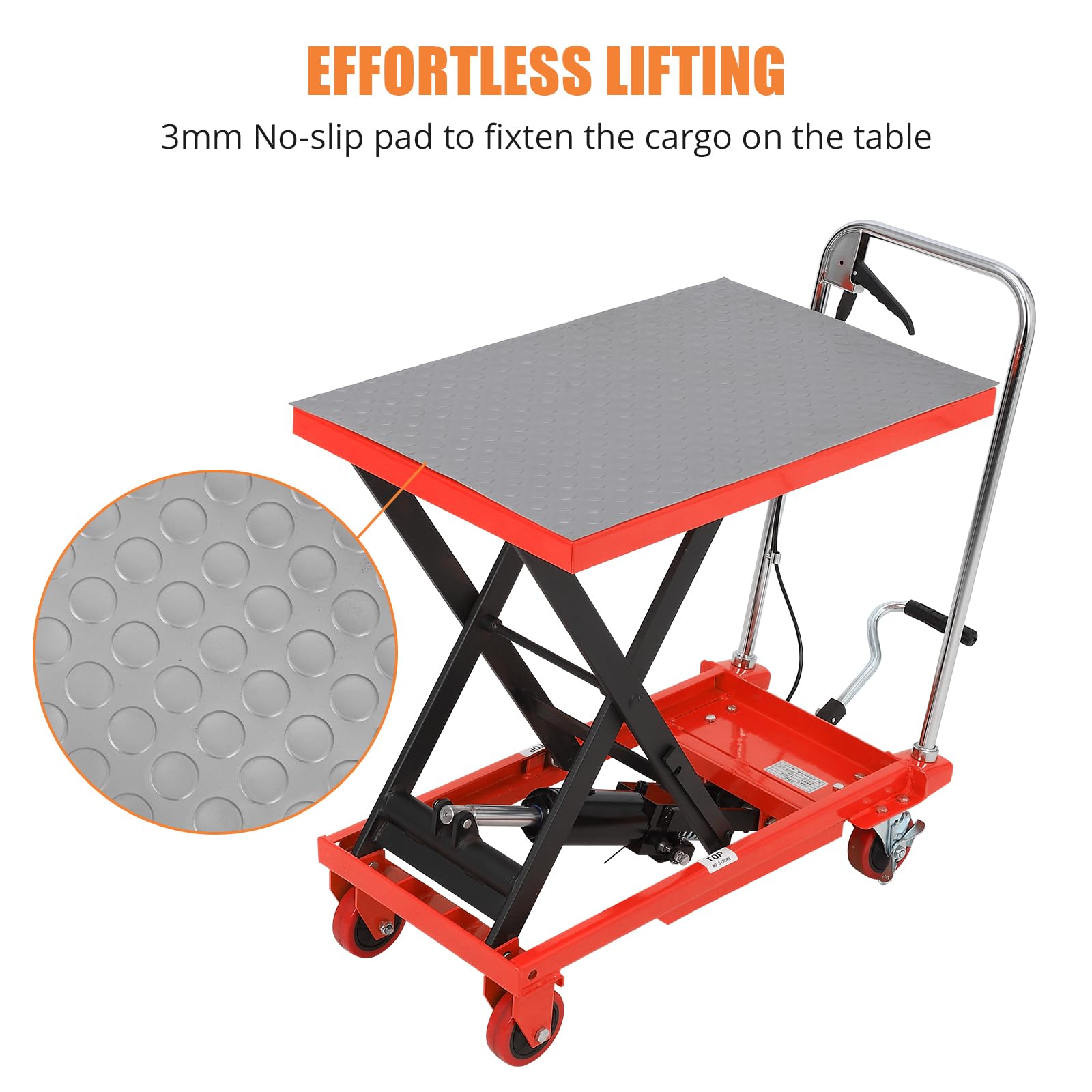 Hydraulic Lift Table Cart 500lbs, Lift Table Capacity 28.5" Lifting Height, Manual Single Scissor with 4 Wheels and Non-Slip Pad Thickness 3mm for Material Handling and Transportation Red