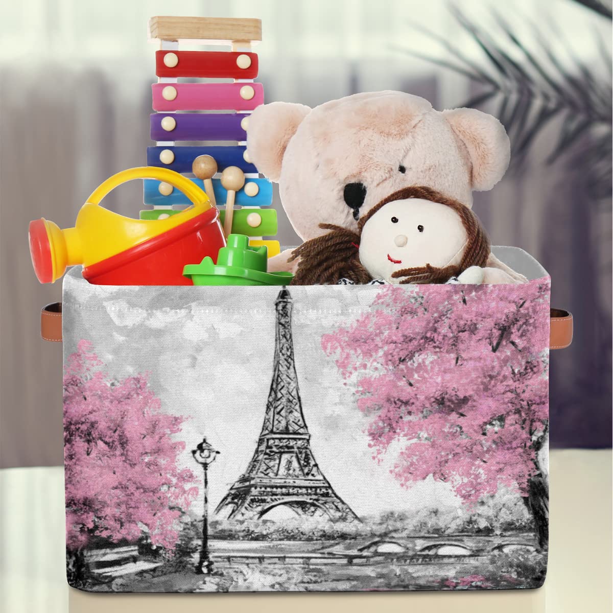 Shelf Storage Basket French Paris Eiffel Tower Canvas Large Storage Collapsible Organizer Toy Boxes Clothes Laundry Storage Bins Cubes with Handles for Closet Bedroom Nursery Home Office 2 Pack