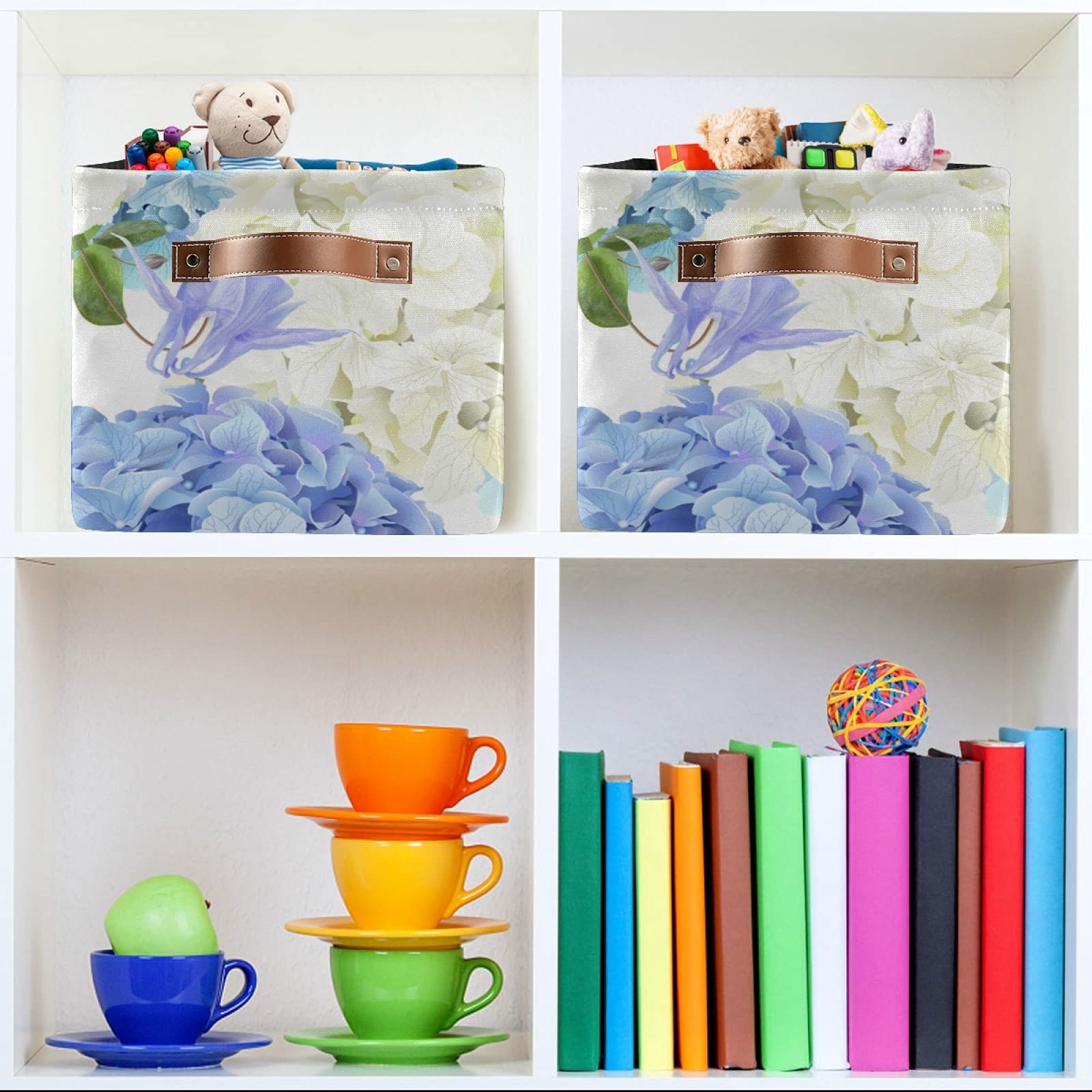susiyo Blue White Hydrangea Flowers Storage Bins 2 Pcs, 14 x 10 inch Canvas Storage Basket for Shelves Closet Organizing