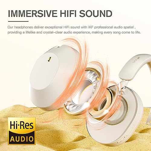 iKF Solo Hybrid Active Noise Cancelling Wireless Wired Headphones,130H Playtime,6EQ Sound Modes with Microphone, Foldable Lightweight Bluetooth V5.3 for Travel/Office/PC(Offwhite)