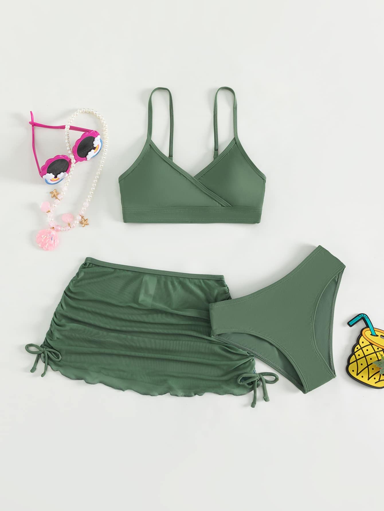 COZYEASE Girls' 3 Piece Plain Swimsuit Wrap Bikini with Ruched Cover Up Skirt Set Olive Green 9Y