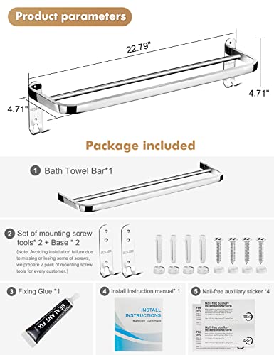 IKITCHEN Towel Racks for Bathroom, Stainless Steel Towel Holder Wall Mounted with 2 Hooks, Bathroom Shelf with Towel Bar 23Inch Polished Silver