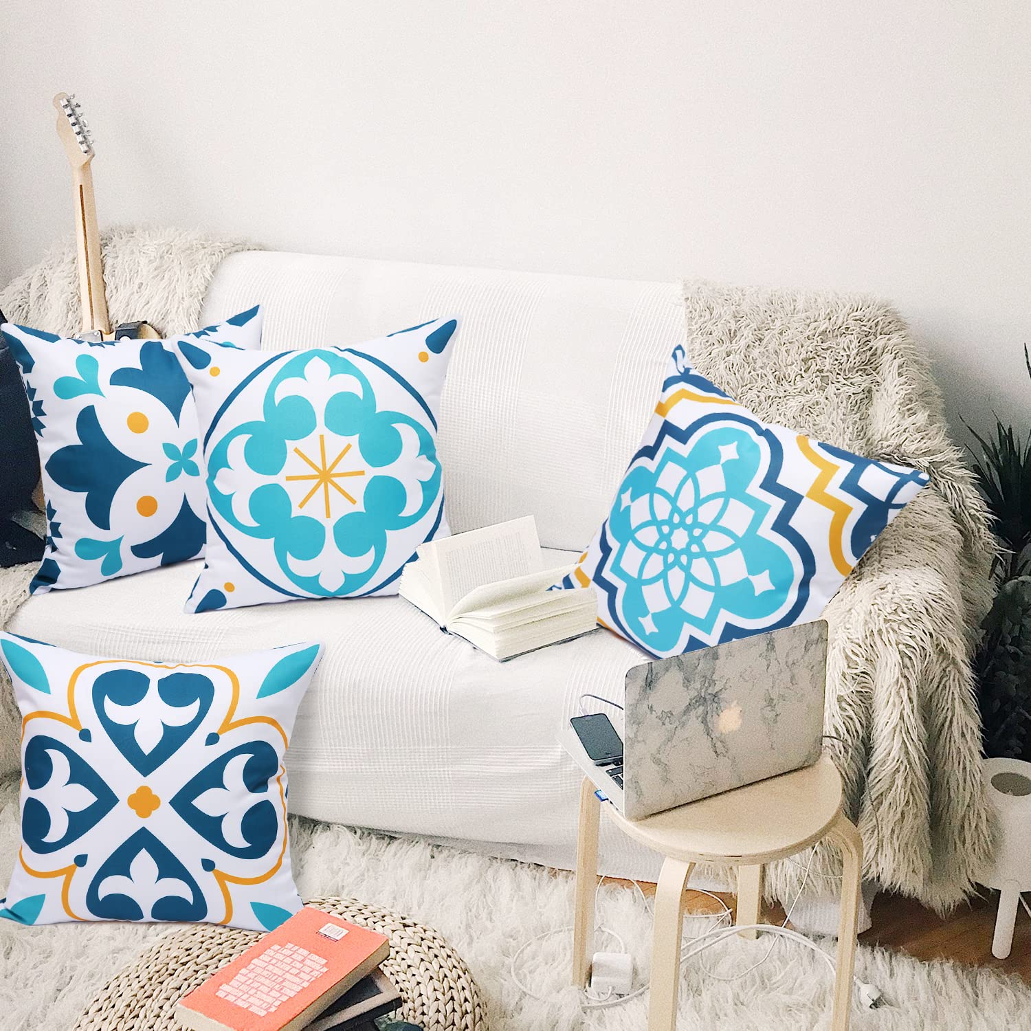 JYVNCZ Set of 4 Outdoor Throw Pillow Covers 18x18 Inchs Fall Decorative Patio Cushions for Outdoor Furniture Boho Decor Pillow Covers for Couch Hammock