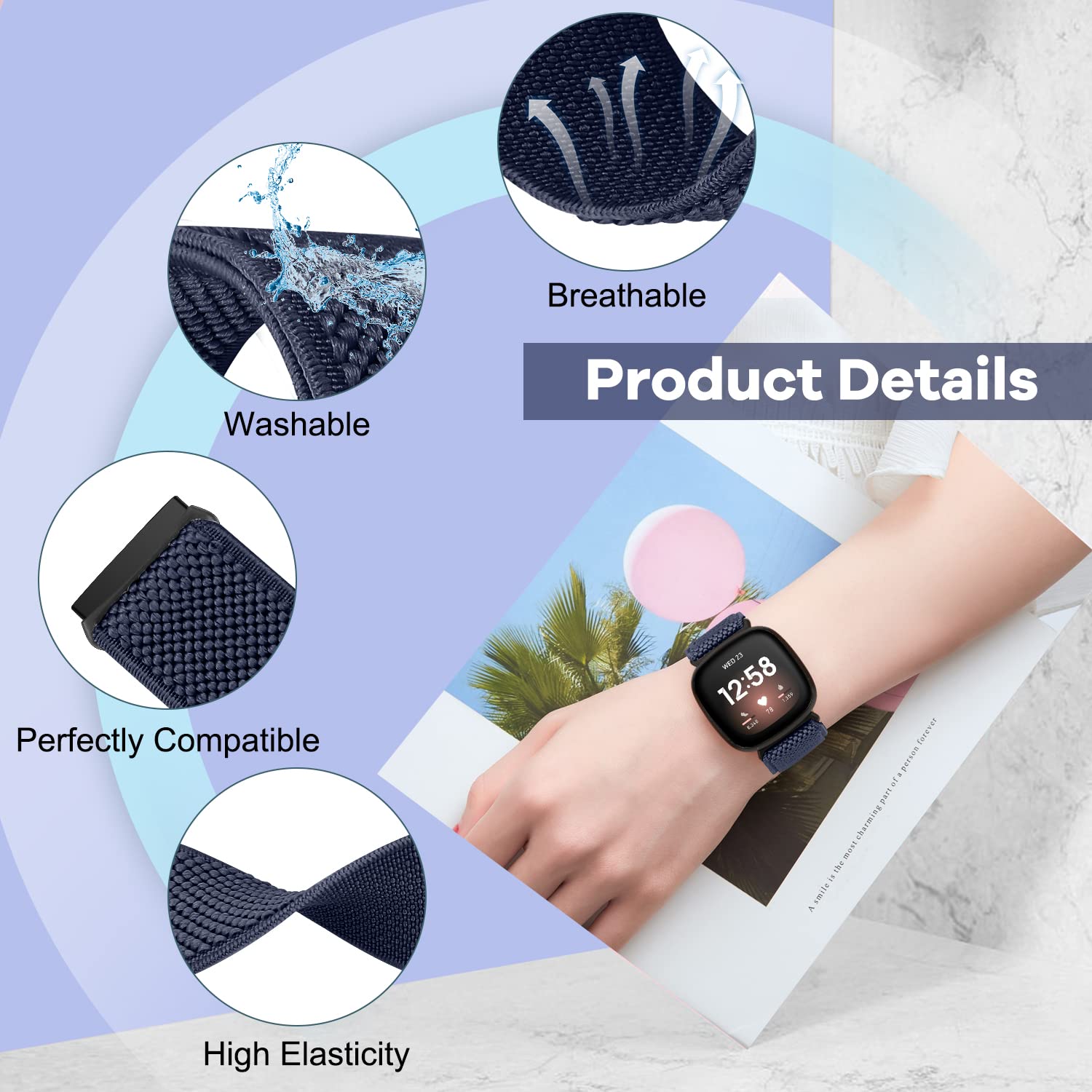 Fimpressiont Compatible with Fitbit Sense/Fitbit Versa 3 Bands Women Men - Adjustable Stretchy Nylon Solo Loop Braided Sport Elastic Strap for Fitbit Sense & Versa 3 Wristband 5 Pack