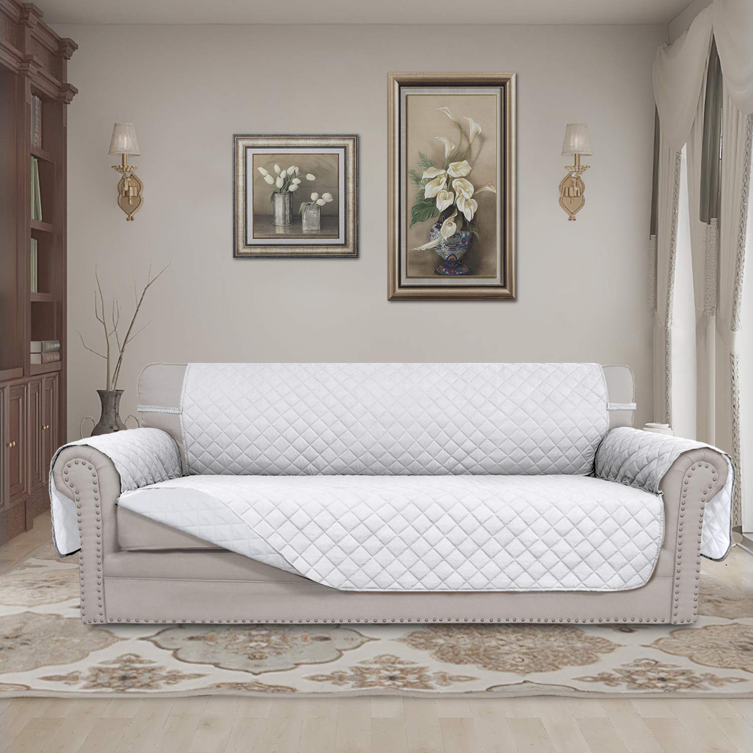 Easy-Going Reversible Oversized Couch Cover for 3 Cushion Couch Sofa Cover for Dogs Washable Water Resistant Furniture Protector Cover with Foam Sticks for Pet (Oversized Sofa, White/White)