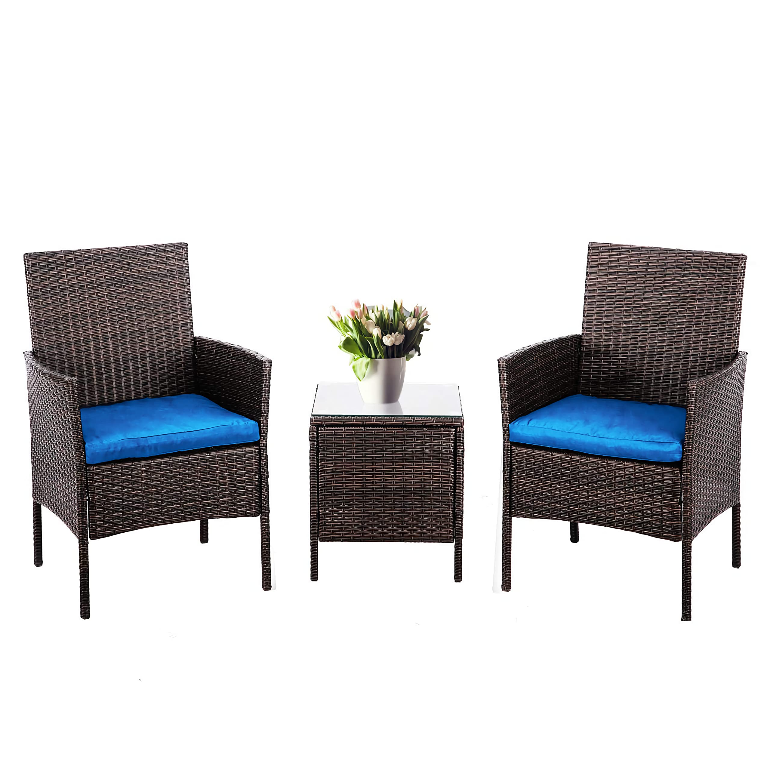 Pyramid Home Decor Alvino Patio Bistro Set 3-Piece Outdoor Wicker Furniture Sets, Modern Rattan Garden Conversation Chair with Thick Cushion and Glass Top Coffee Table (Light Blue)
