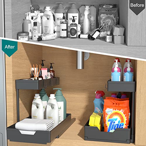IRONBOX Under Sink Organizer, 2 Pack Pull Out Cabinet Organizer 2-Tier Slide Out Sliding Shelf Under Cabinet Storage for Bathroom Kitchen Sink Organizers and Storage(Black-2 Pack)