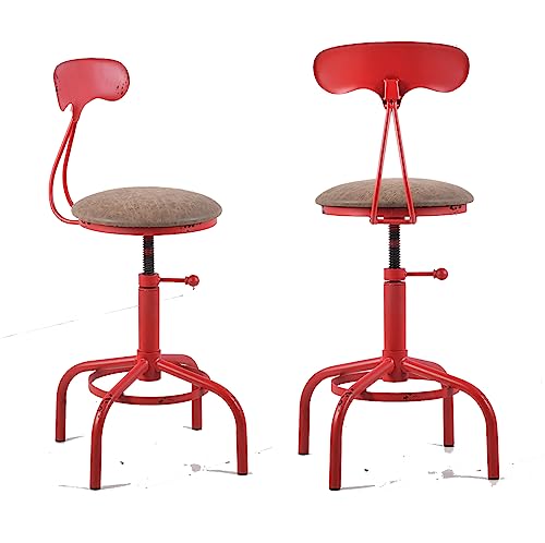 Topower 3-Piece Pub Bar Set Industrial Round Bar Table and Adjustable Height PU Seat Stools with Backrest for 2 Match Bar Height and Counter Barstool Antique Red 1 Table + 2 Chairs