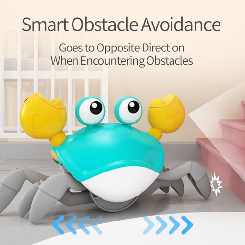 Deejoy Green Crawling Crab Toys with Light Up, Interactive Musical Toy with Automatically Avoid Obstacles, USB Rechargeable, Fun Moving Toy for Babies, Toddlers and Kids