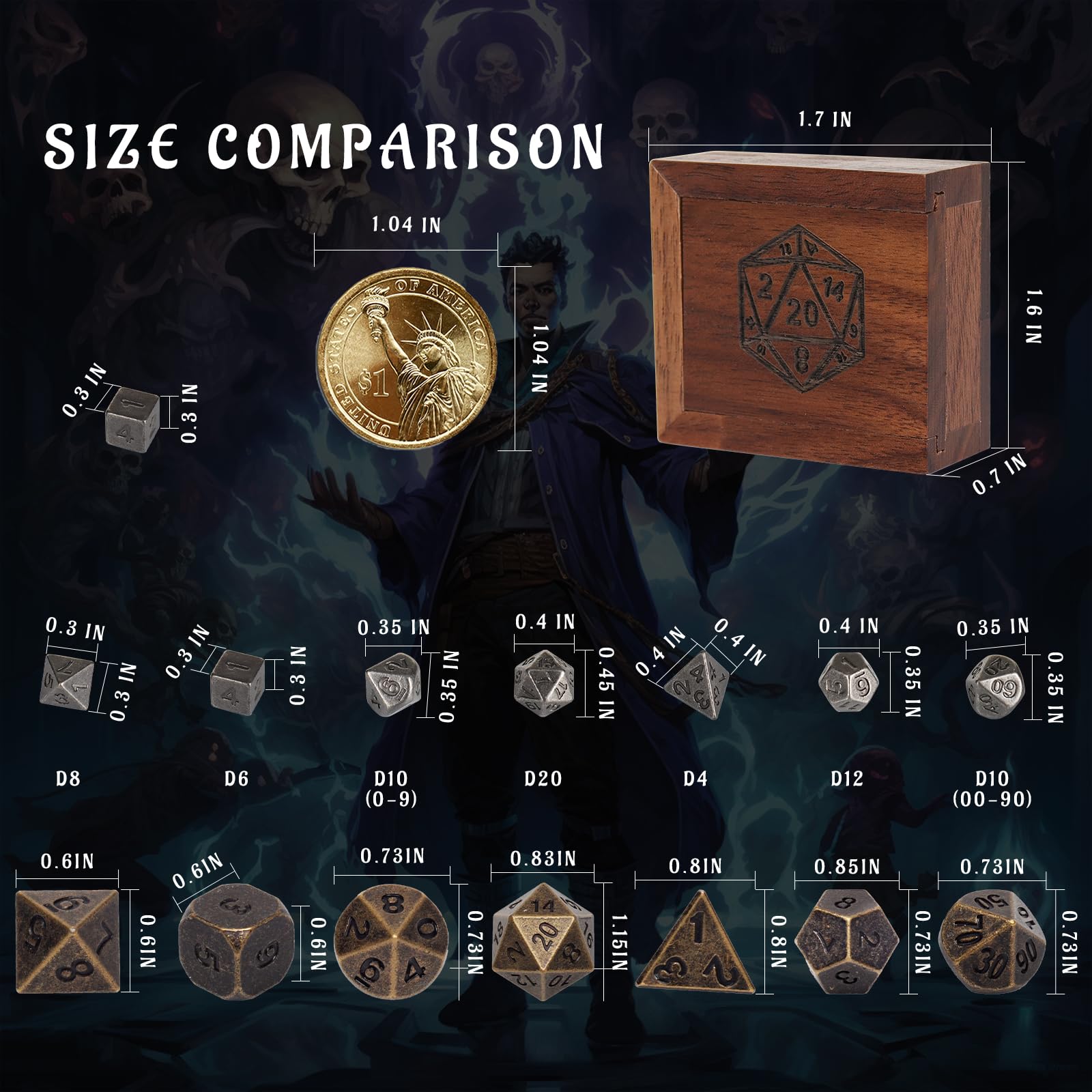 CZYY DND 6mm Micro Polyhedral Mini Dice Set + Black Walnut Wood Box Engraved with D20 & Tree of Life Perfect for Dungeons and Dragons, Tabletop RPG Cards Board Games, Silver