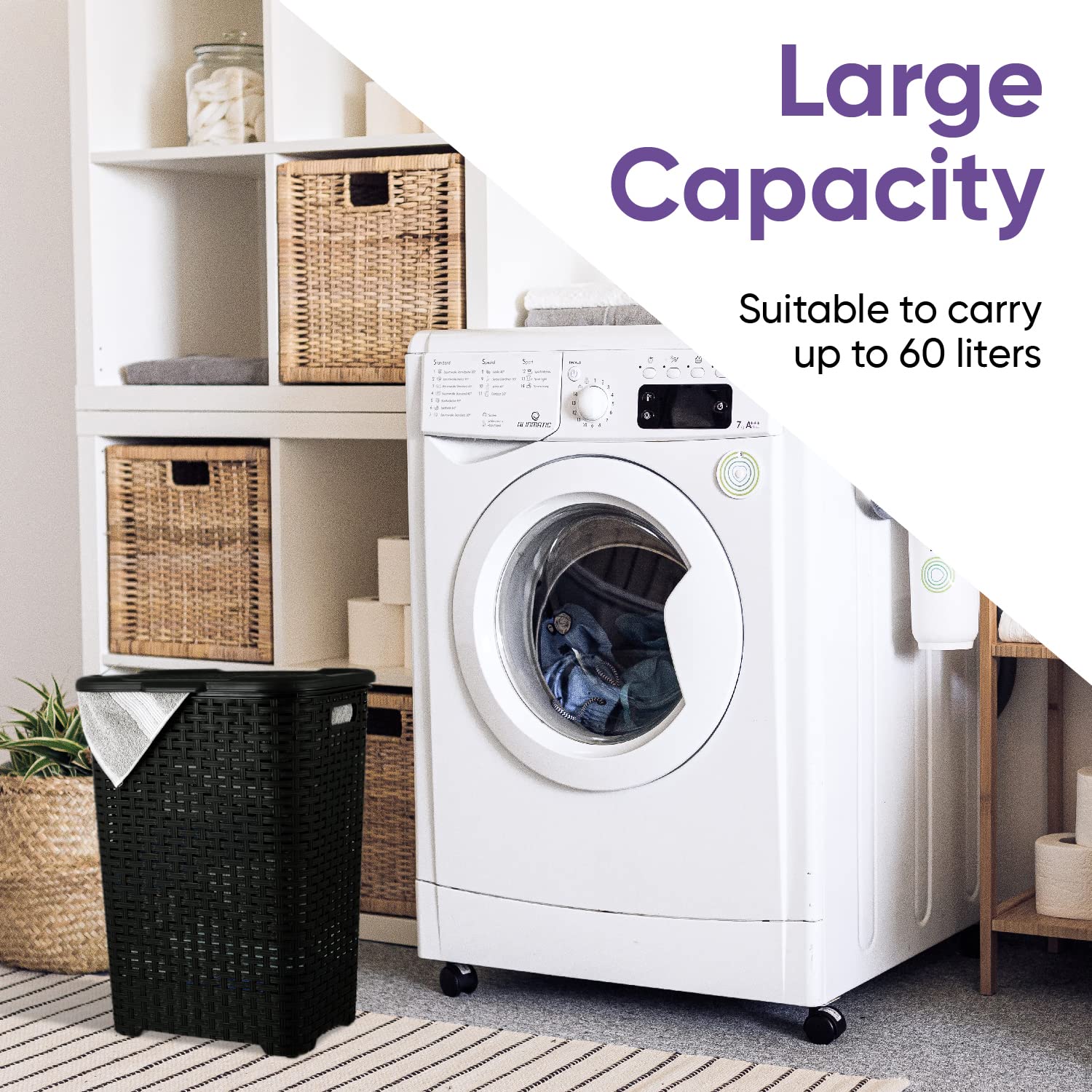 Laundry Hamper Basket With Lid 60 Liter - Deluxe Wicker Style White Color - 1.70 Bushel Bin With Cutout Handles To Storage Dirty Cloths in Washroom Bathroom, Or Bedroom. By Superio