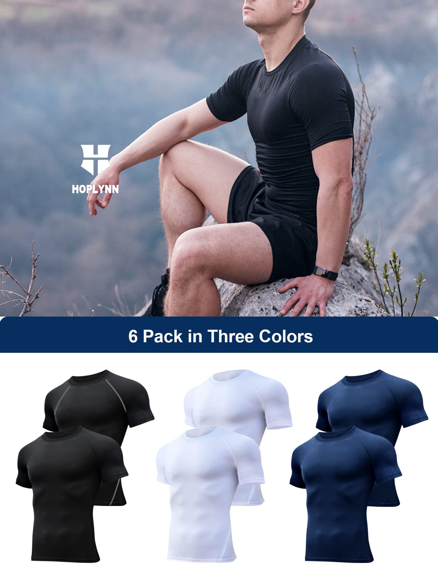HOPLYNN 6 Pack Compression Shirts Men Short Sleeve Rash Guard Base Layer Athletic Undershirt Gear T-Shirt for Sports Workout 2 Black 2 White 2 Blue-M